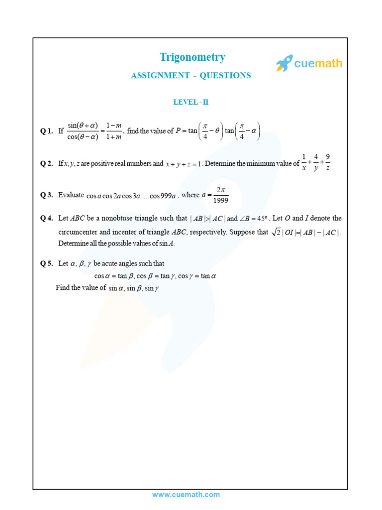Trigonometry: Assignment - Questions | PDF