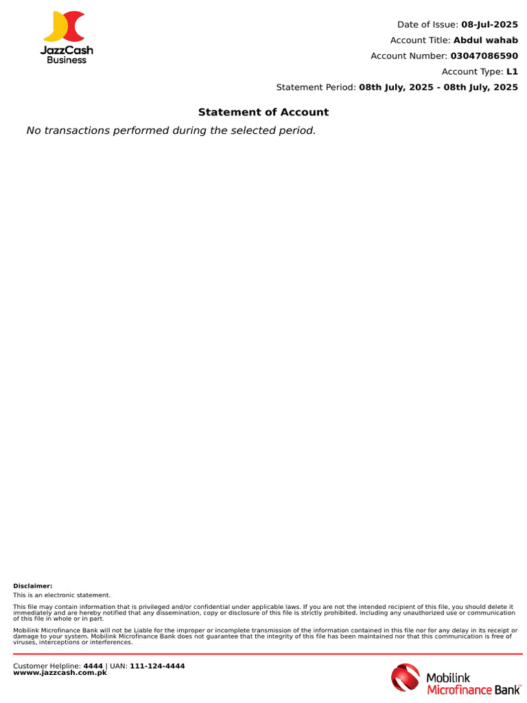 JazzCash Account Statement - No Transactions | PDF