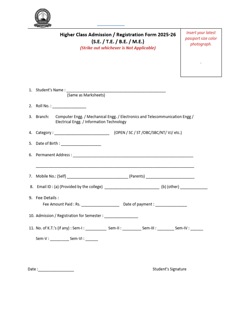 Class 11 Admission Registration Form 2025-26 | PDF