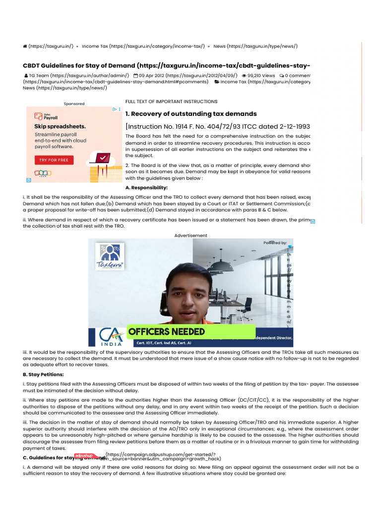 CBDT Guidelines For Stay of Demand | PDF | Taxes | Interest
