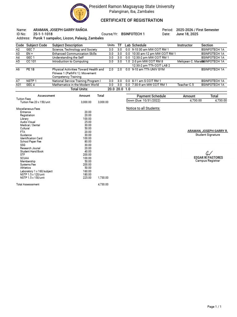 Joseph Garry Araman Registration 2025-2026 | PDF