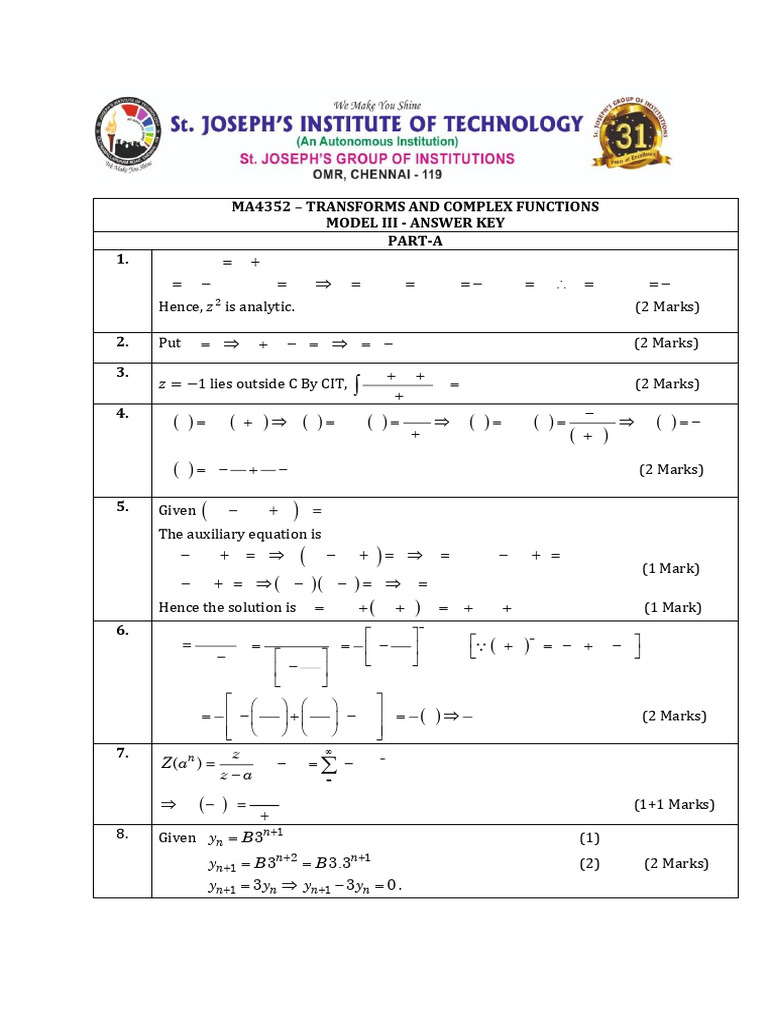 Ma4352 Model III Answer Key | PDF | Mathematical Analysis | Complex Analysis
