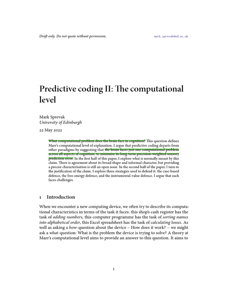 Sprevak Predictive Coding 2 Computation | PDF | Motor Control | Perception