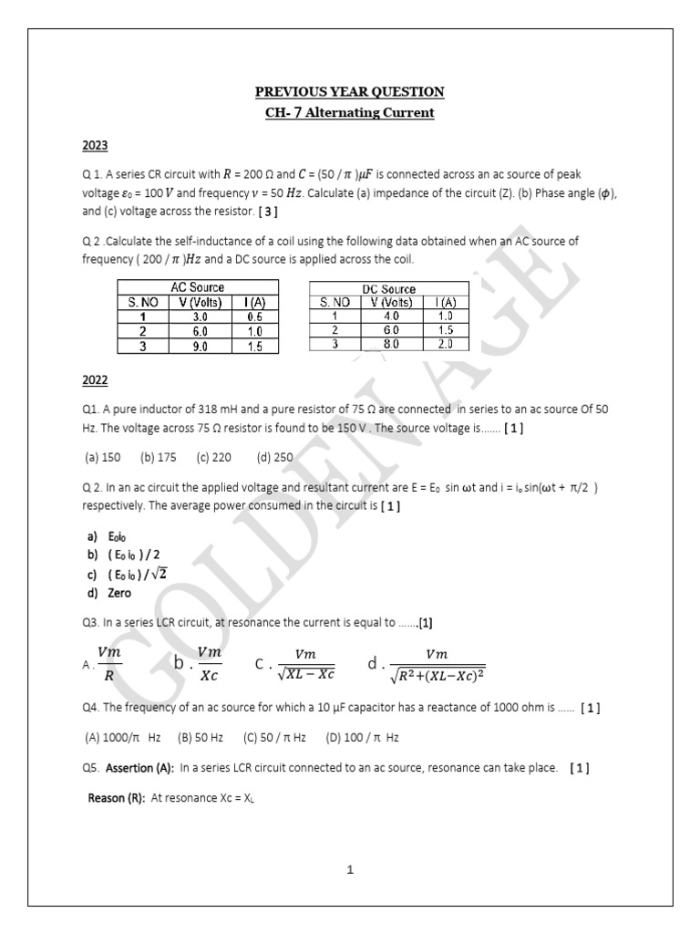 CH - 7 Alternating Current PYQ | PDF | Inductor | Electrical Network