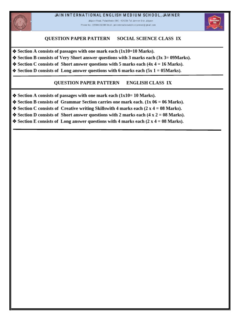 Class 9 Question Paper Patterns | PDF