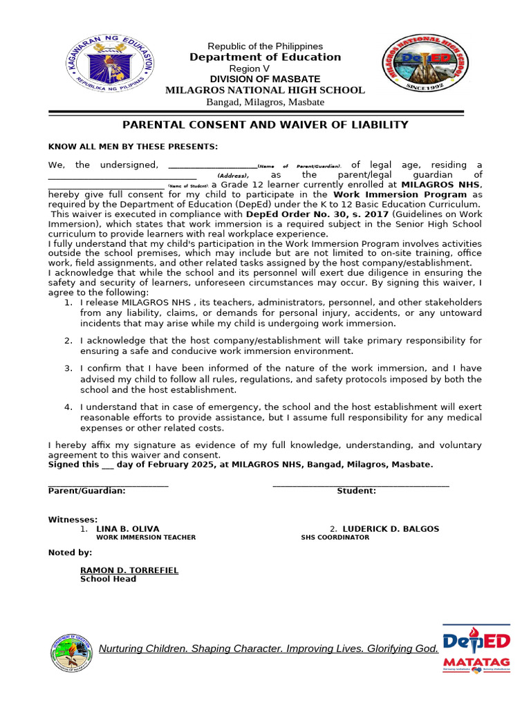 Parental Consent for Work Immersion | PDF