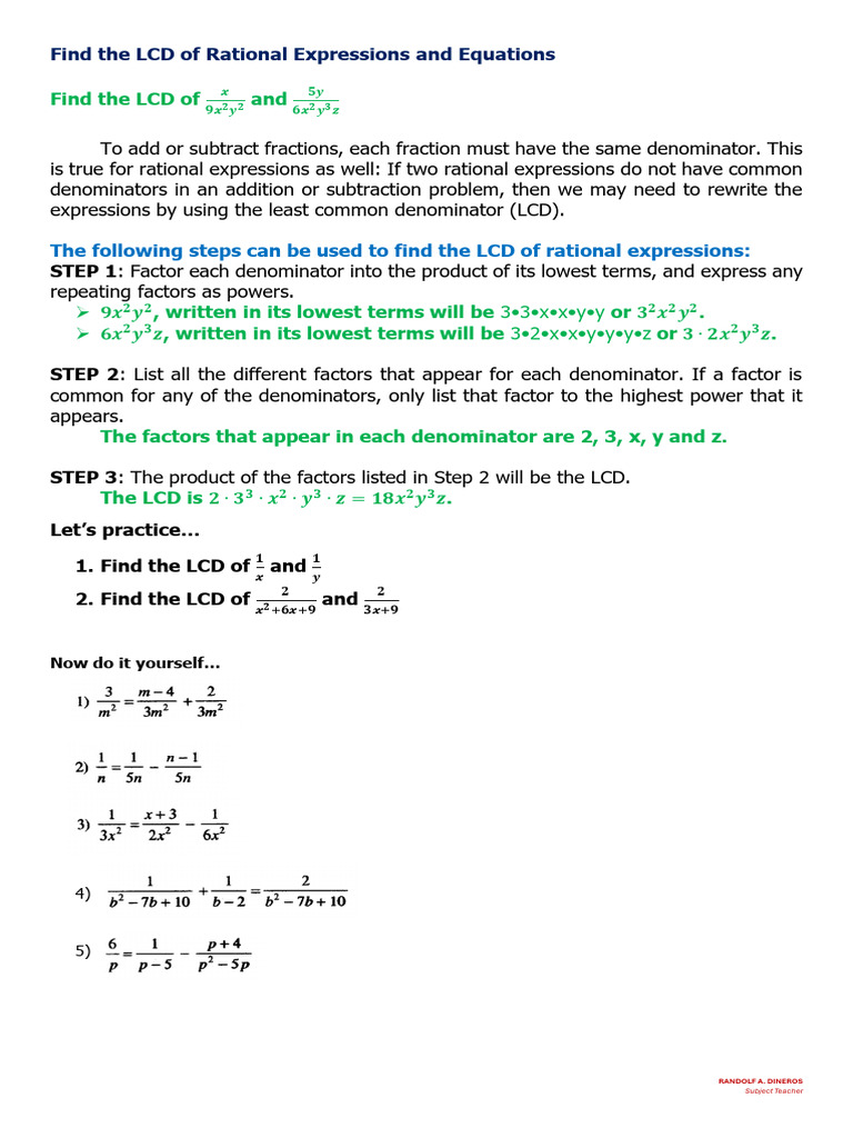 Find The LCD of Rational Expressions and Equations | PDF