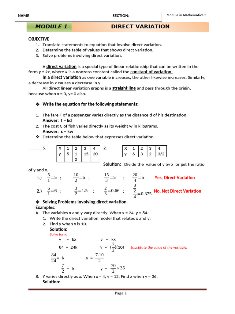 Direct and Inverse Variation Concepts | PDF | Variable (Mathematics ...
