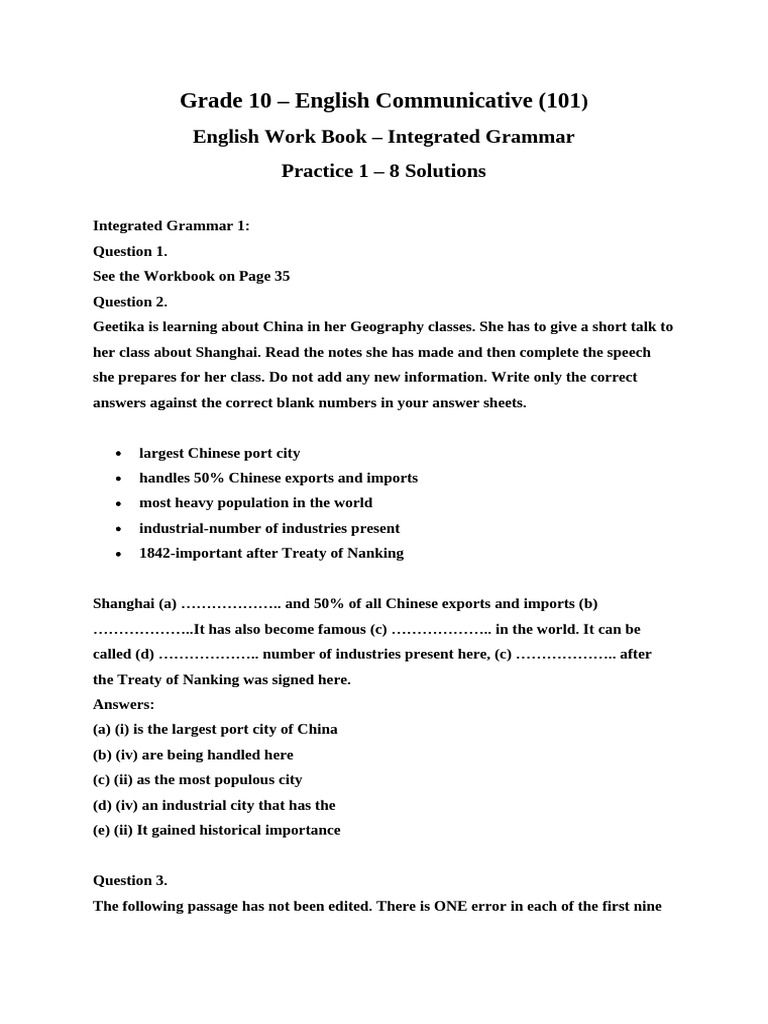 Grade 10 English Grammar Workbook Solutions | PDF | Cakes