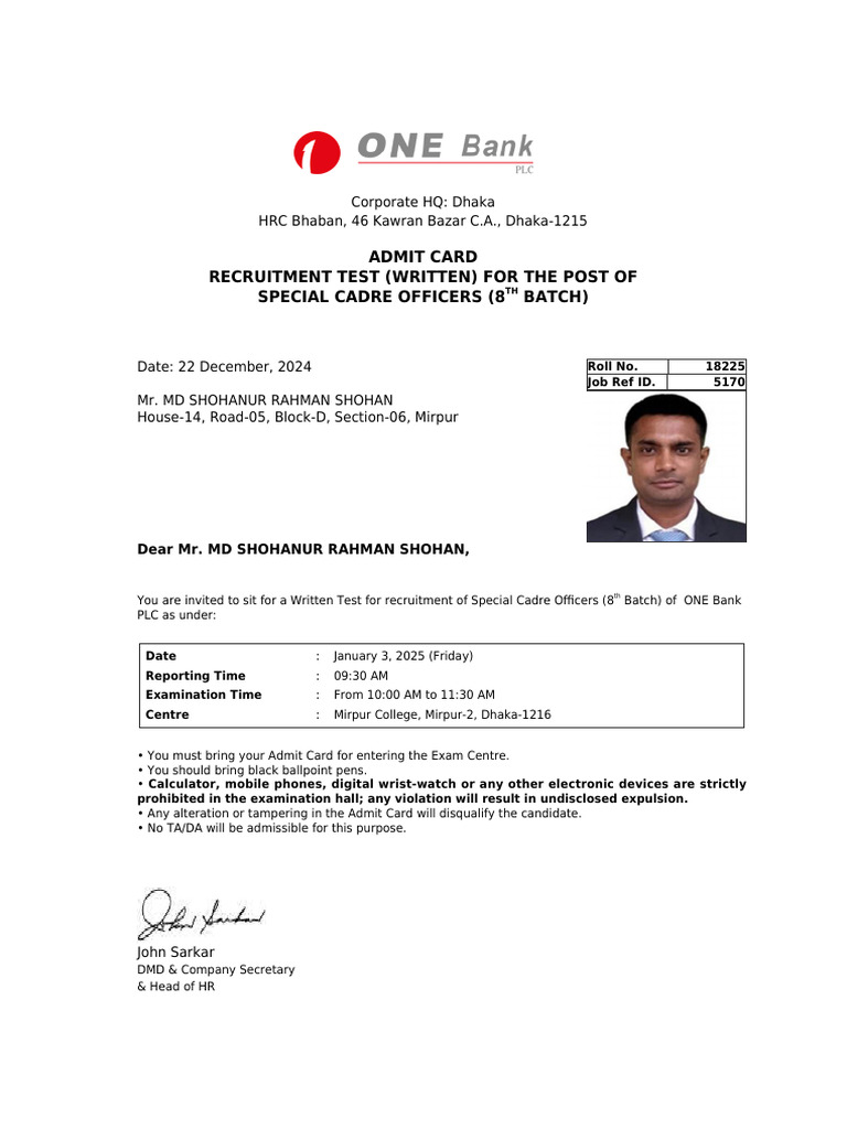 One Bank PLC - Admit - JobRef - ID - 5170 | PDF