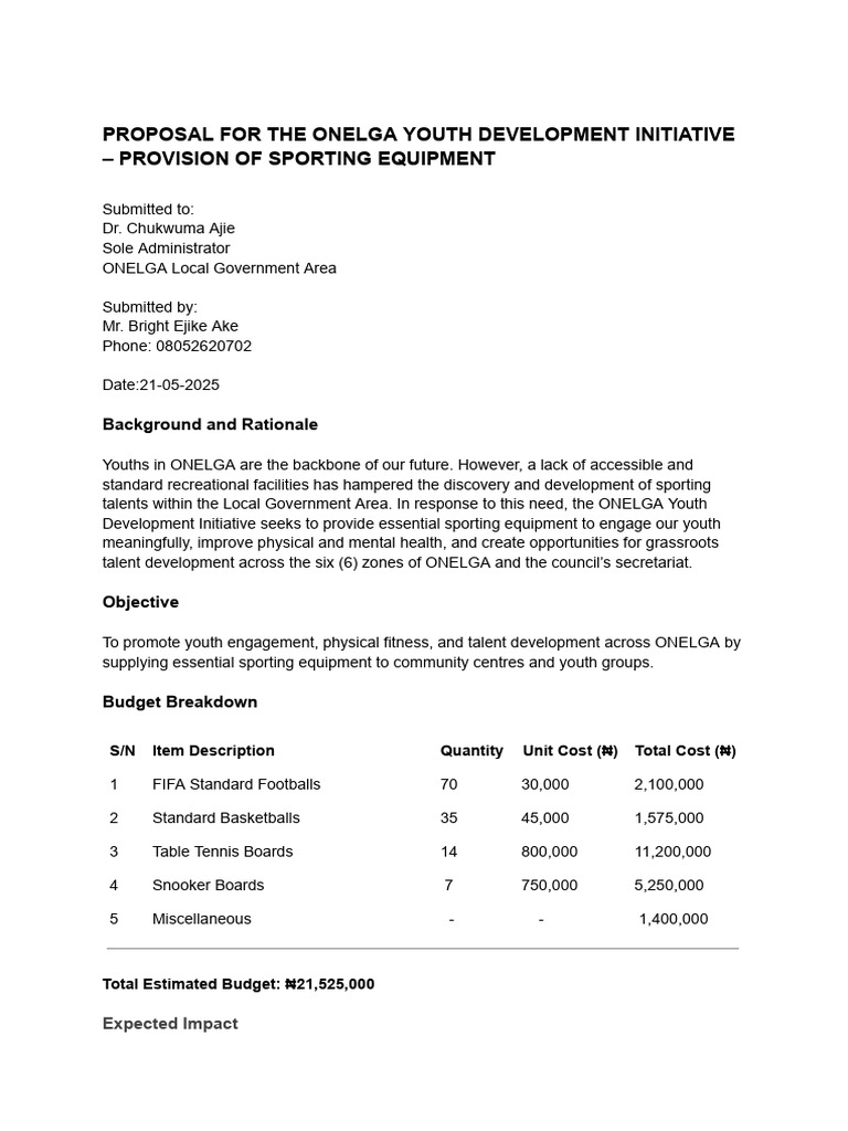 Proposal For The Onelga Youth Development Initiative (1) - Provision of ...