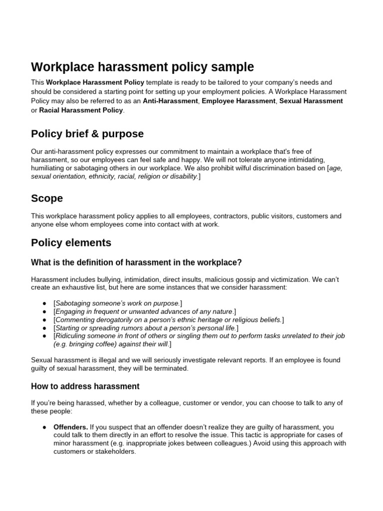 Workplace Harassment Policy Sample | PDF | Harassment | Sexual Harassment