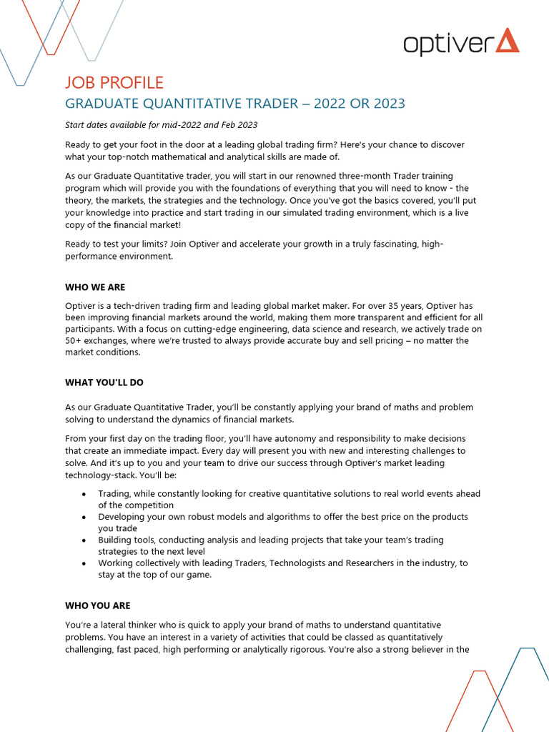 Graduate Quantitative Trader Role at Optiver | PDF | Mathematical Finance