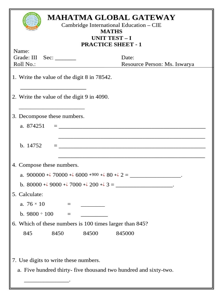 Grade 3 Maths Unit Test Practice Sheet | PDF | Chess Theory | Chess