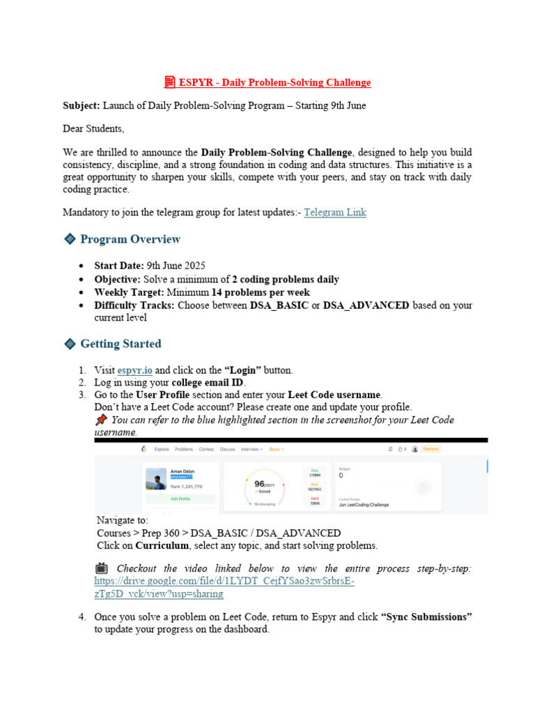 Instructions - ESPYR - Daily Problem-Solving Challenge | PDF | Computing