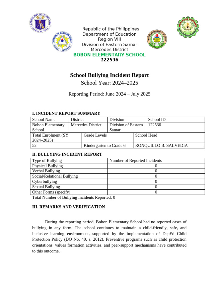 Bullying Incident Report Bobon ES | PDF | Bullying | Violence