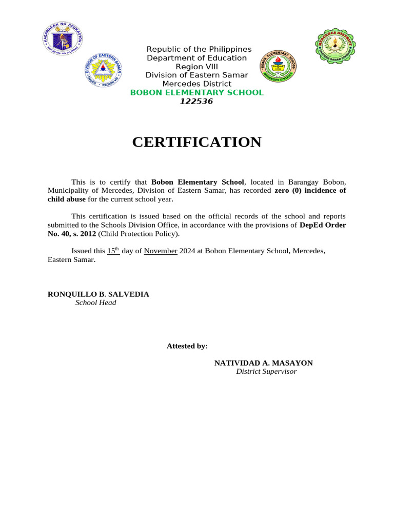 Bobon Elementary School Child Abuse Certification | PDF