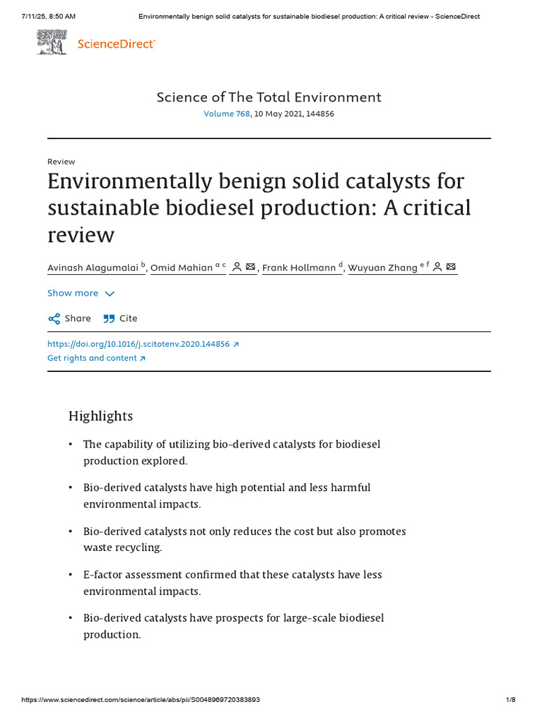 Environmentally Benign Solid Catalysts For Sustainable Biodiesel ...