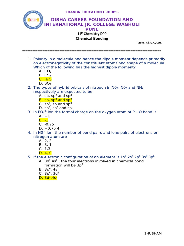 11th Grade Chemistry DPP: Chemical Bonding | PDF | Chemical Bond ...