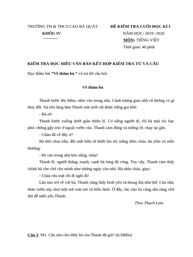 De Thi Cuoi Hoc Ki 1 Mon Tieng VietTap Doc 4 20192020 | PDF
