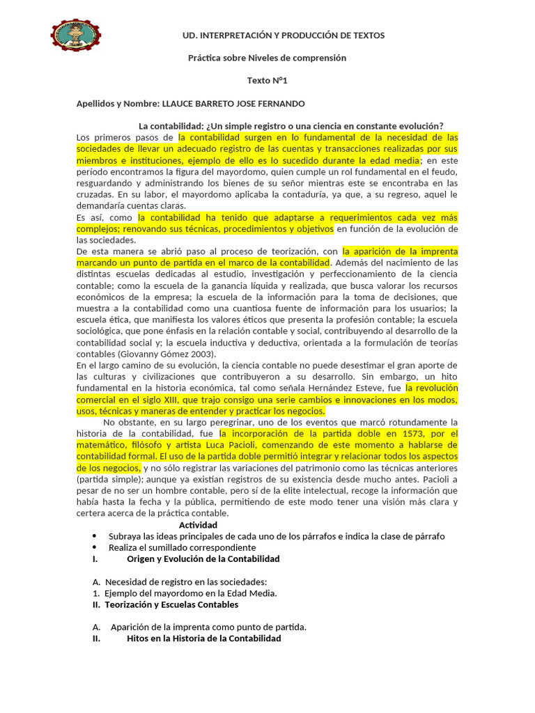 Practica Deniveles de Comprension Contab | PDF | Contabilidad | Teneduría de libros
