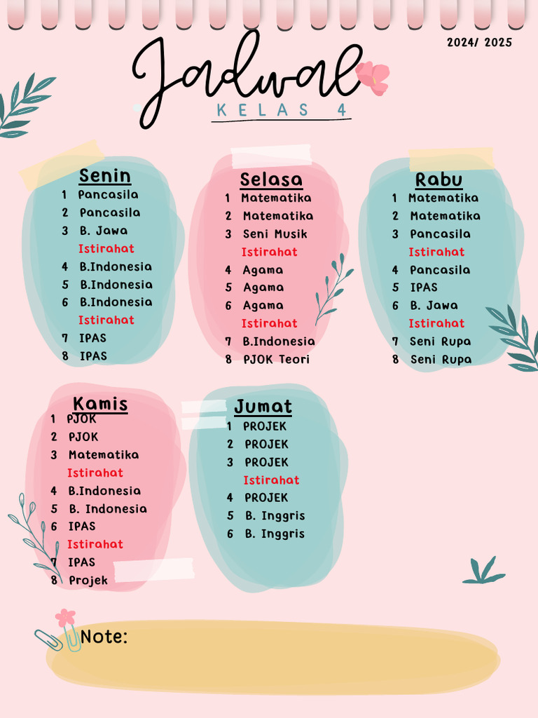 Pink Cute School Timetable A4 Document | PDF