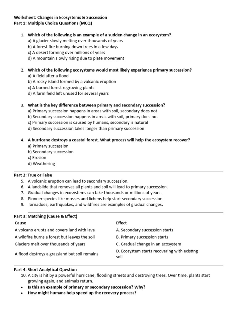 Ecosystem Changes and Succession Worksheet | PDF