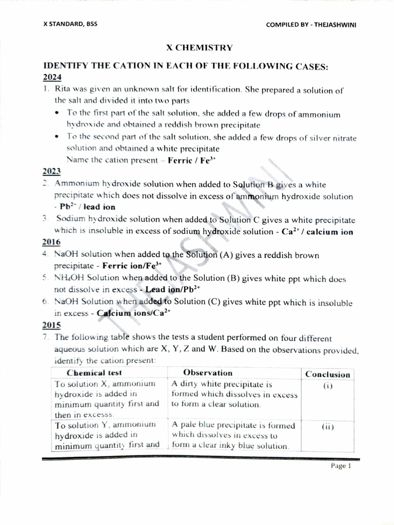 X Chem Identify Cations PDF Class 10 ICSE | PDF | Hydroxide ...