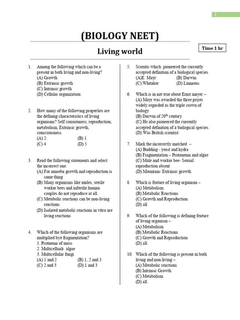 NEET Biology: Living World Quiz | PDF | Taxonomy (Biology) | Life Sciences