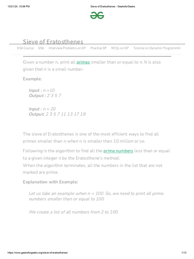 Sieve of Eratosthenes - GeeksforGeeks | PDF | Prime Number | Discrete Mathematics