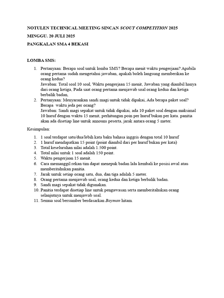 Notulen Technical Meeting Sincan Scout Competition 2025 | PDF