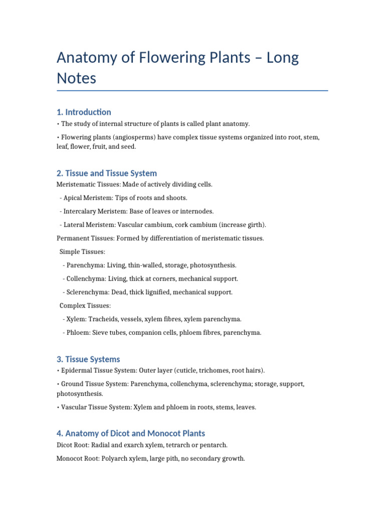 Anatomy of Flowering Plants Notes | PDF | Plant Stem | Tissue (Biology)