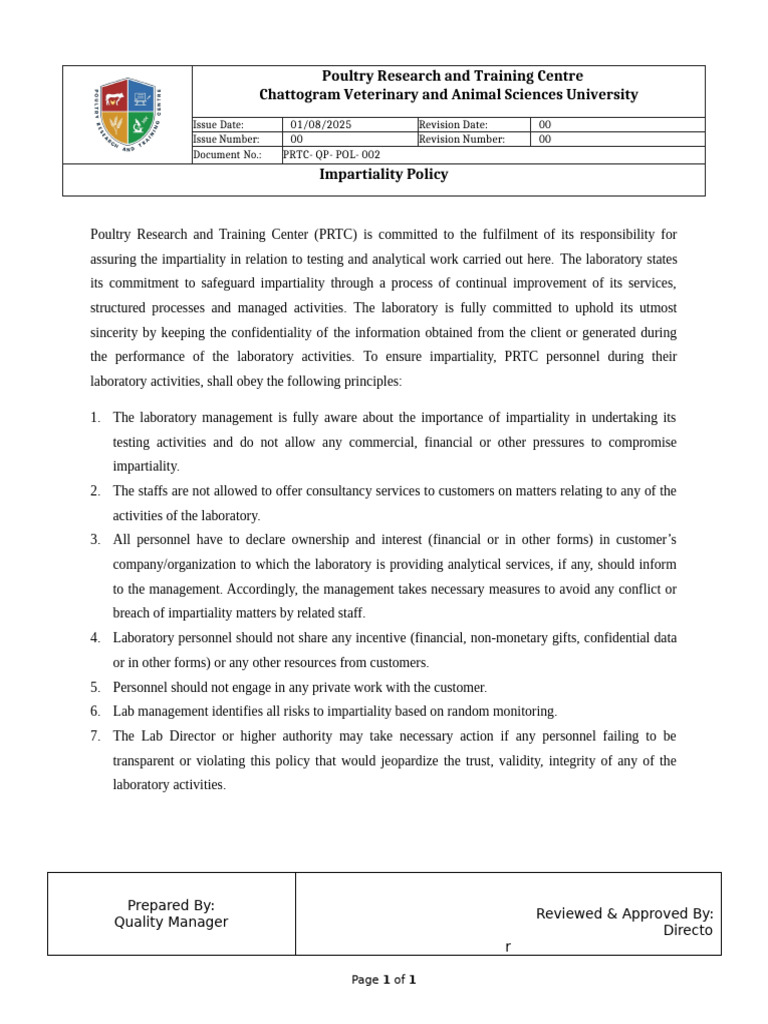 PRTC QP POL 002 Impartiality Policy | PDF | Laboratories