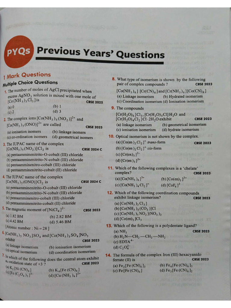 Coordination Compound Pyq (CBSE) | PDF