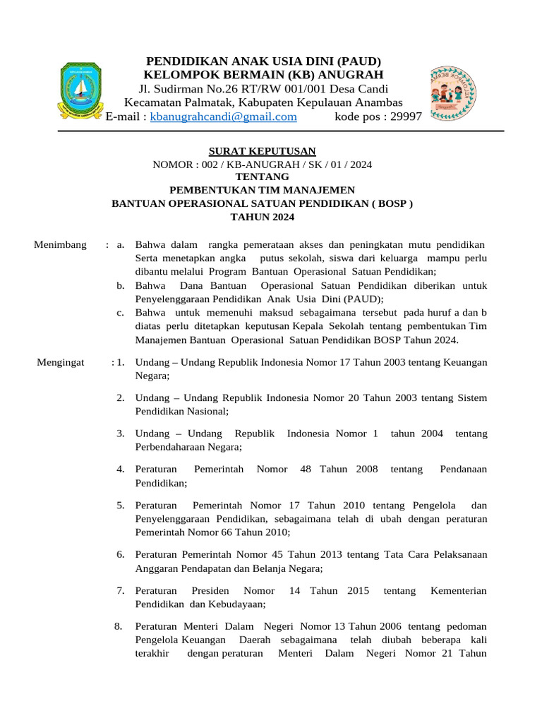 Pembentukan Tim Manajemen BOSP 2024 | PDF