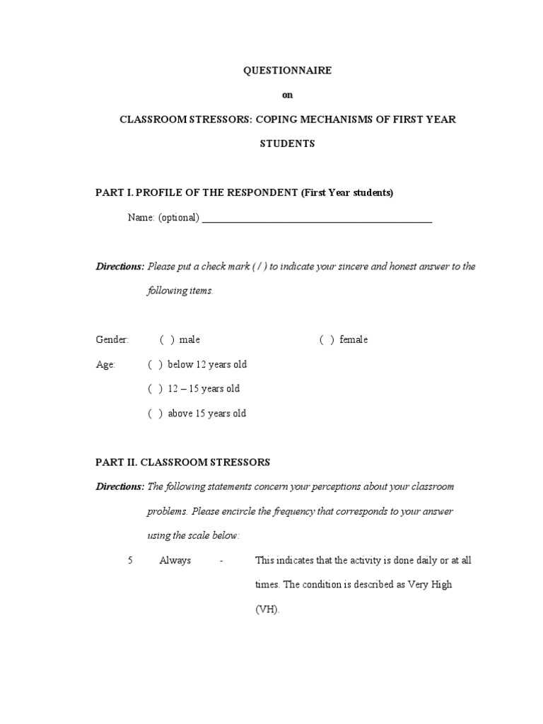 Questionnaire On Classroom Stressors: Coping Mechanisms of First Year ...