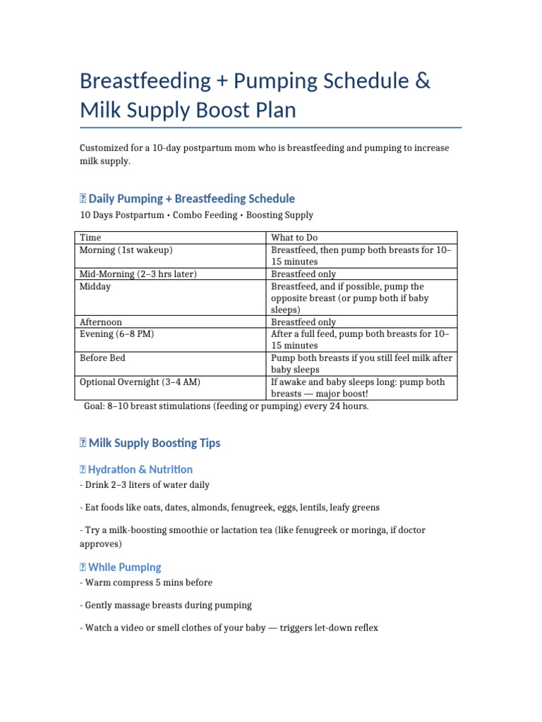 Breastfeeding Pumping Schedule 10day Postpartum | PDF