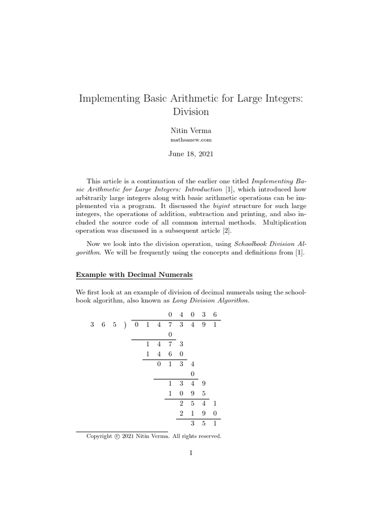 Implementing Basic Arithmetic For Large Integers - Division | PDF ...