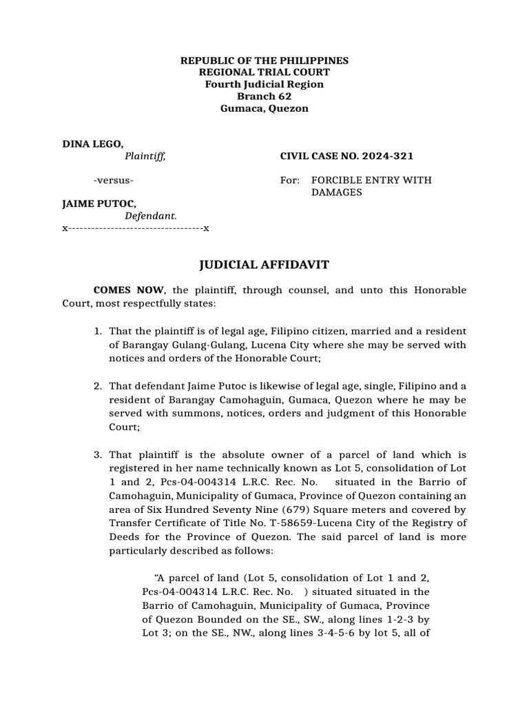 F. Ja For For Forcible Entry - Plaintiff | PDF | Lawsuit | Damages