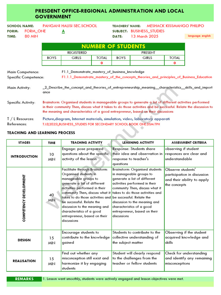 Lesson Plan Business Studies | PDF | Teachers | Brainstorming