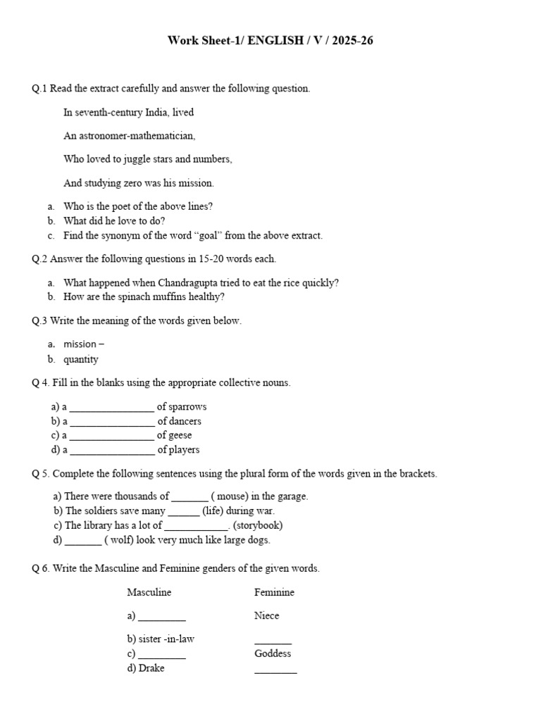 Work Sheet-1 Class 5 English | PDF