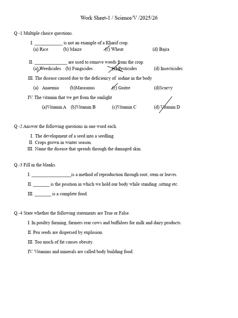 Work Sheet-1 Class 5 Science | PDF | Vitamin | Foods