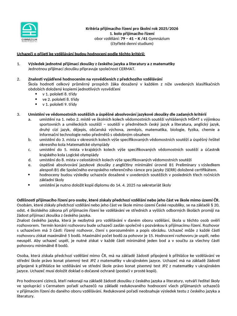 Kriteria Prijimaciho Rizeni Pro 4 Lety Obor 2025 M | PDF