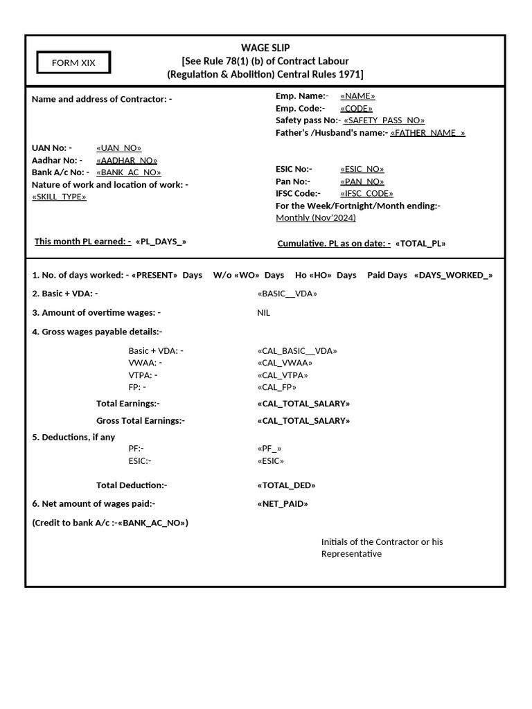 Wage Slip Template for Contractors | PDF