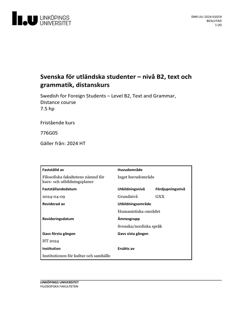 Kursplan Svenska För Utländska Studenter - Nivå B2, Text Och Grammatik, Distanskurs | PDF