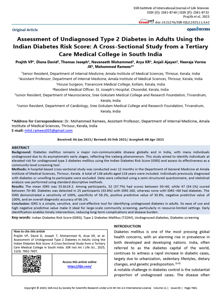 Indian Diabetes Risk Score Study Results | PDF | Diabetes | Kerala