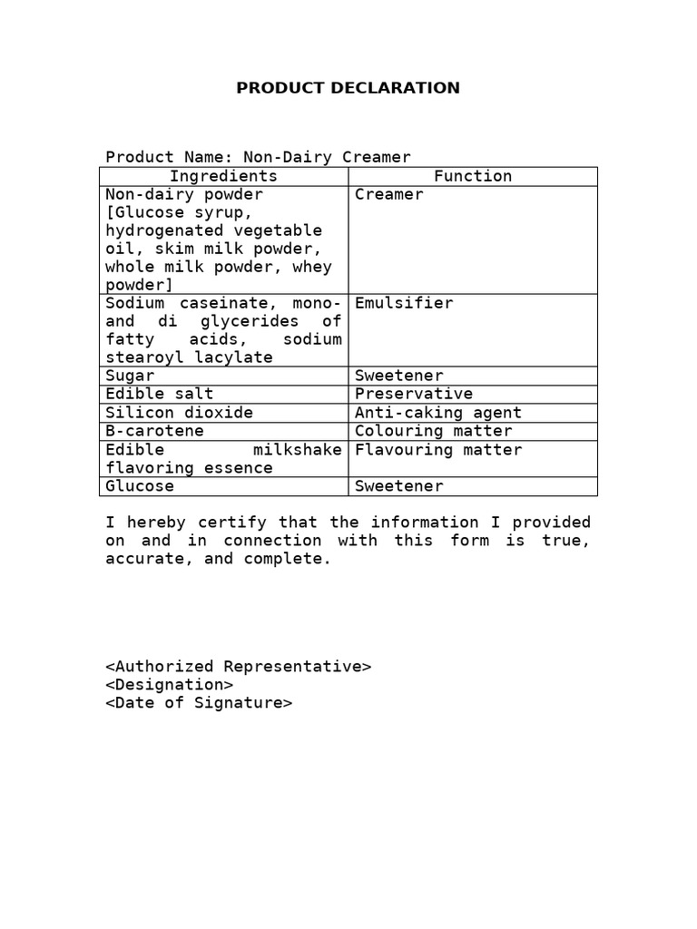 Product Declaration Template For Raw Material | PDF