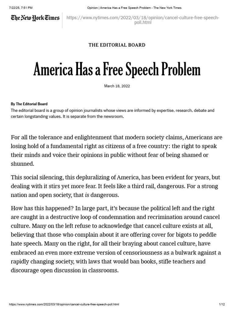 Opinion - America Has A Free Speech Problem - The New York Times | PDF ...
