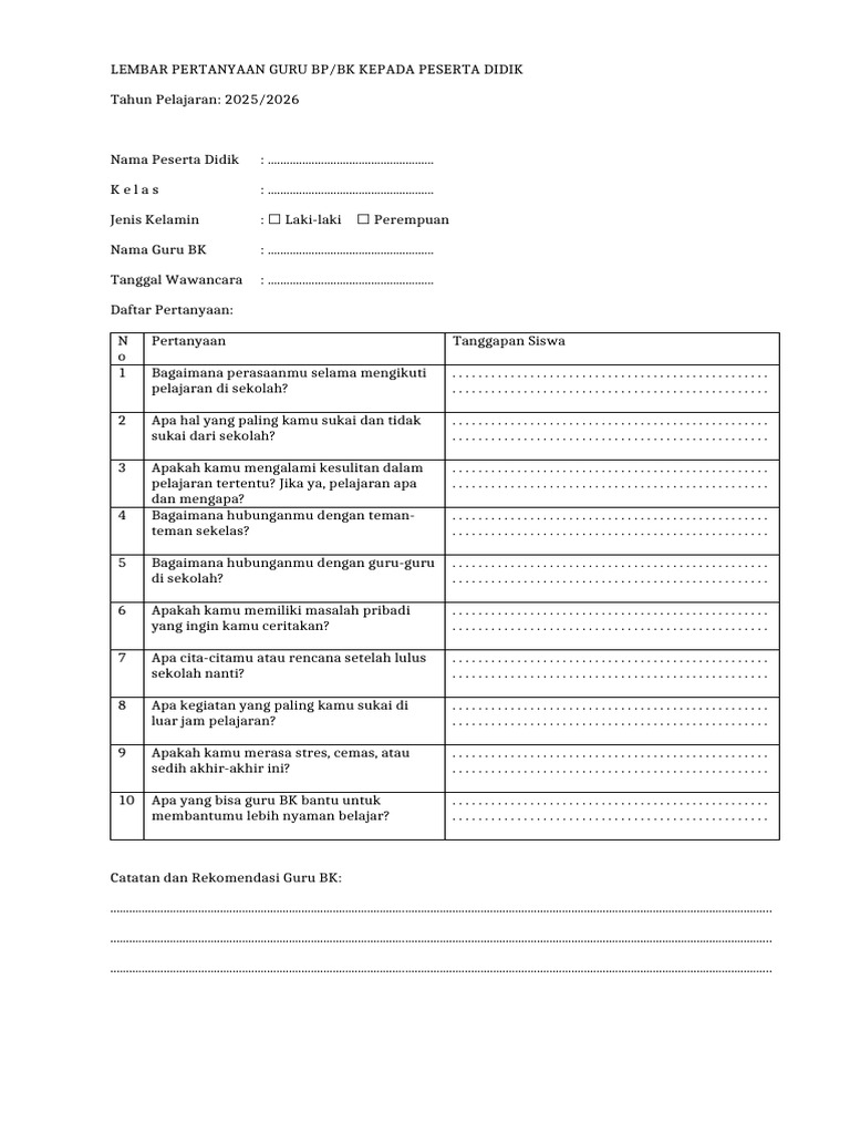 Lembar Pertanyaan Guru BK Kurikulum Merdeka | PDF