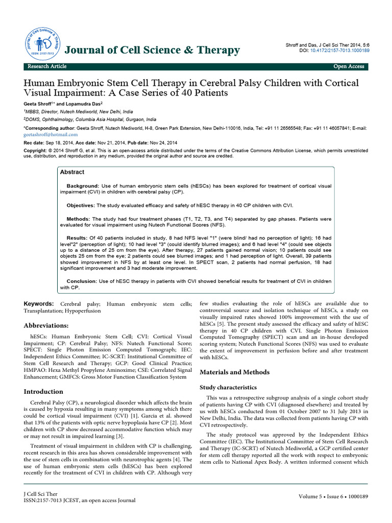 Human Embryonic Stem Cell Therapy in Cerebral Palsy Children With Cortical Visual Impairment ...